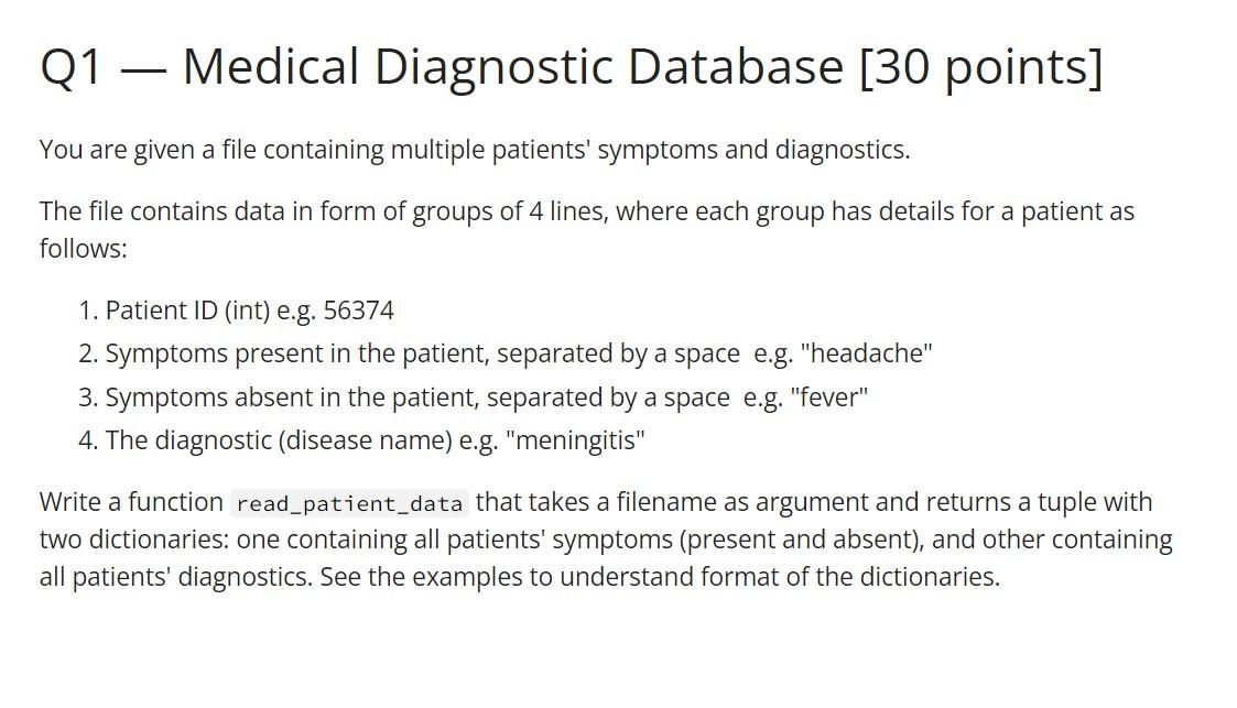 Solved Q1 - Medical Diagnostic Database [30 points] You are | Chegg.com