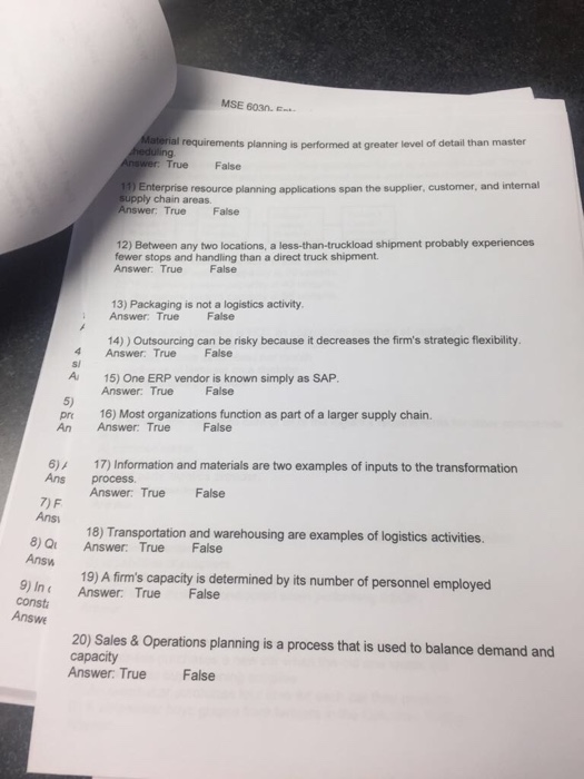 Solved Part 1: True/False 20 questions (2 points each) 1) | Chegg.com