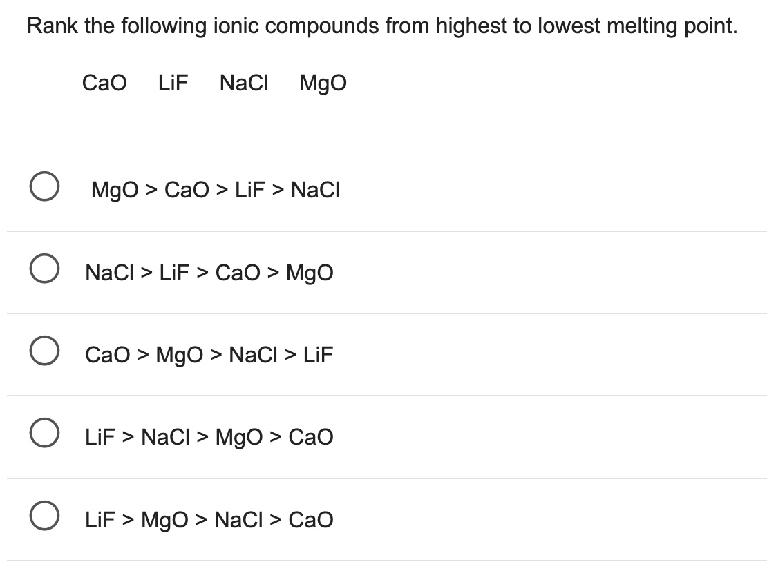Solved Rank the following ionic compounds from highest to | Chegg.com