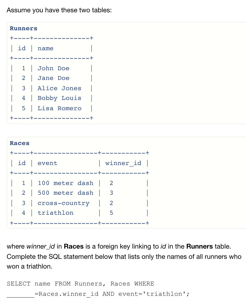 Solved Assume you have these two tables: Runners +--- | id | | Chegg.com