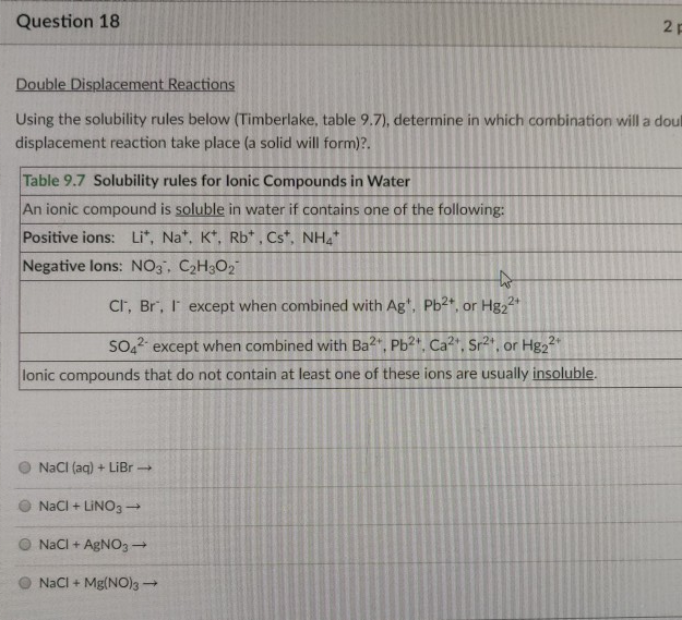 Solved Question 18 Double Displacement Reactions Using the | Chegg.com