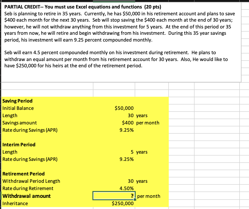 Solved PARTIAL CREDIT--You must use Excel equations and | Chegg.com