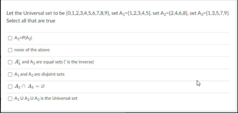 Solved Let the Universal set to be {0,1,2,3,4,5,6,7,8,9), | Chegg.com