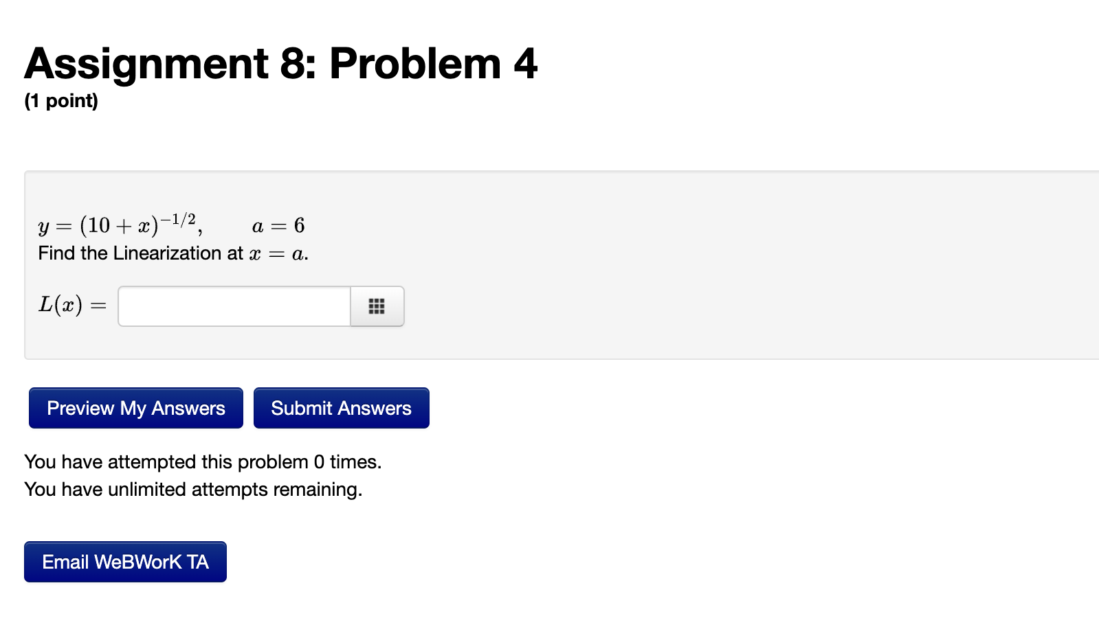 Solved Assignment 8 Problem 4 1 Point Y10x−12a6 