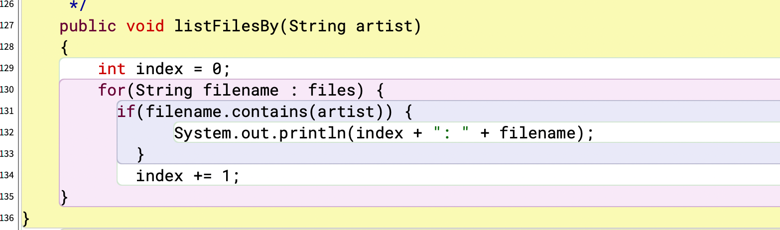 Solved public void listFilesBy(String artist) \{ int index | Chegg.com