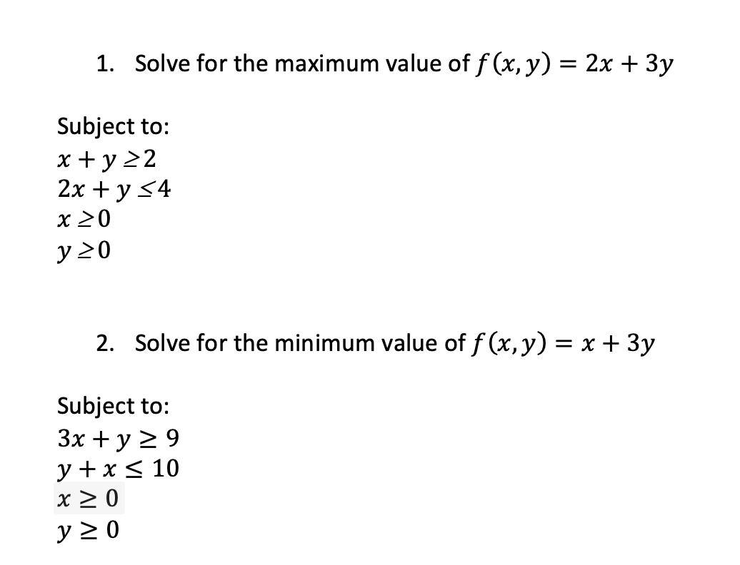 Solved 1. Solve for the maximum value of f(x, y) = 2x + 3y | Chegg.com