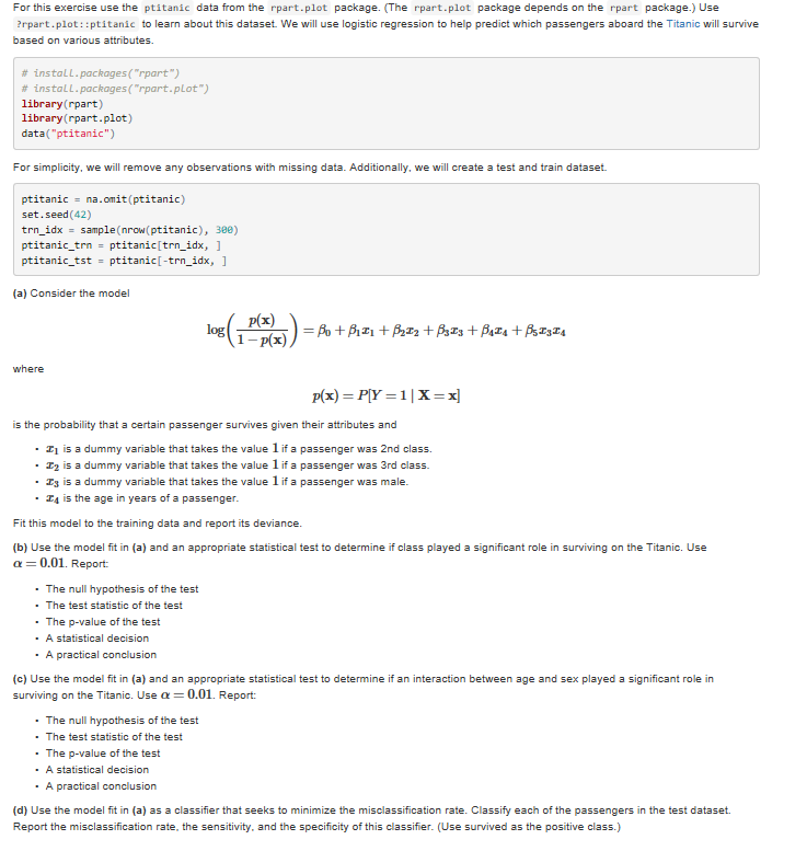 Solved For This Exercise Use The Ptitanic Data From The 