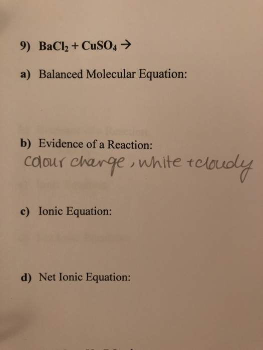 Solved 9) BaCl2+ CuSO4 a) Balanced Molecular Equation: | Chegg.com