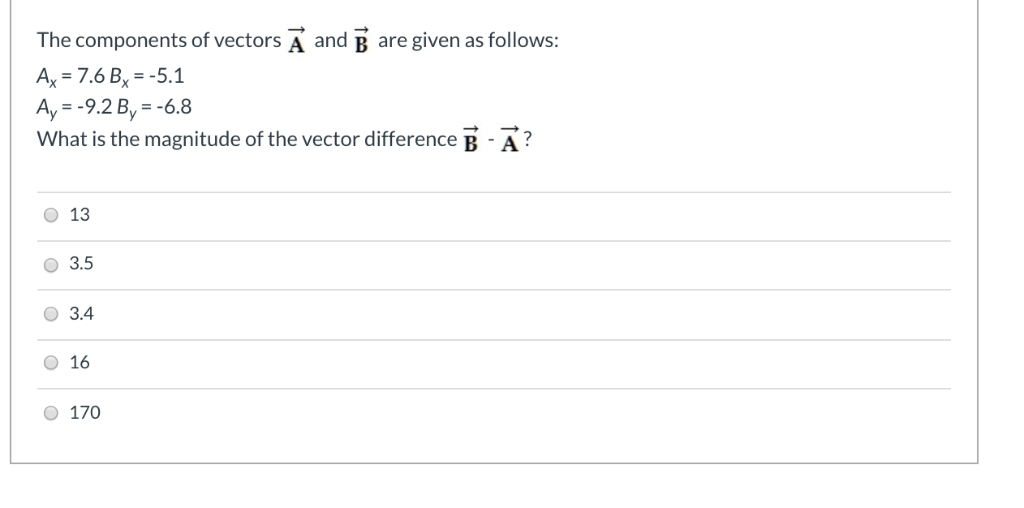 Solved The components of vectorsA and B are given as | Chegg.com