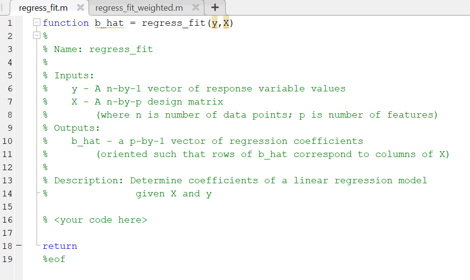 Solved 1 regress_fit.mx regress_fit_weighted.m X + function | Chegg.com