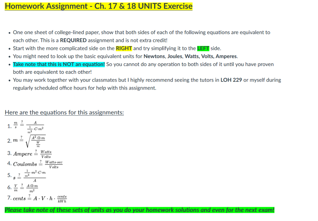 Solved Homework Assignment - Ch.17 &18 UNITS Exercise One | Chegg.com