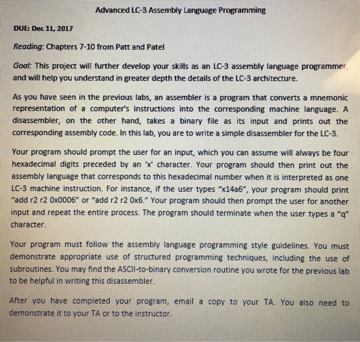 Solved Advanced Lc 3 Assembly Language Programming Due Dec