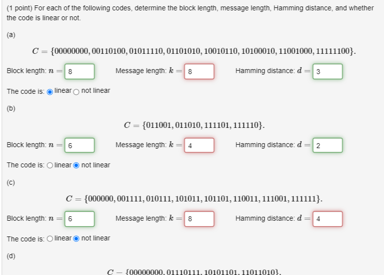 Solved (1 point) For each of the following codes, determine | Chegg.com