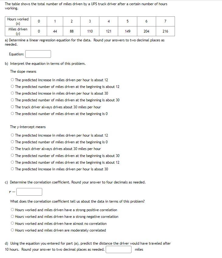 Solved The table shows the total number of miles driven by a | Chegg.com