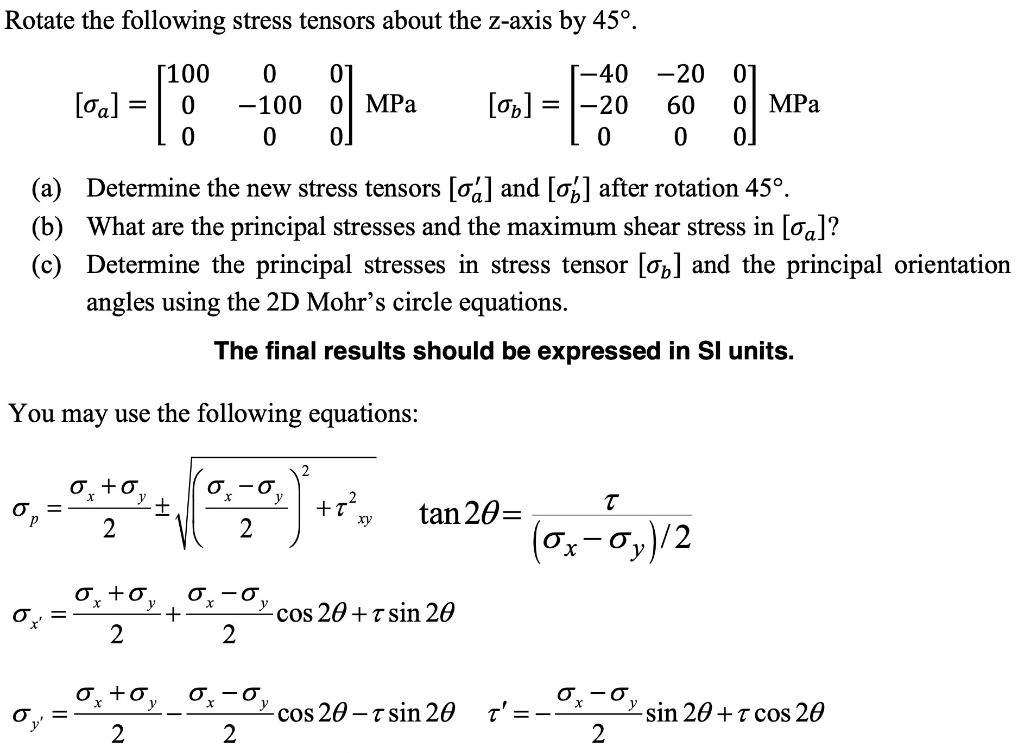 Solved Rotate the following stress tensors about the z-axis | Chegg.com