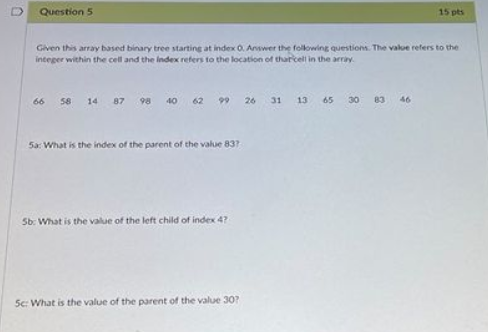 Solved Question 5 15 pts Given this array based binary tree | Chegg.com
