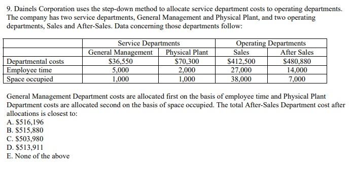 Solved 9. Dainels Corporation uses the step-down method to | Chegg.com