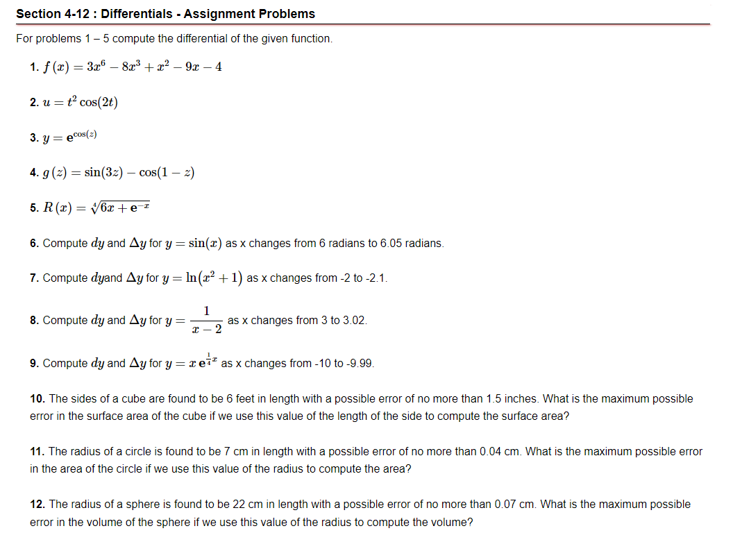 Solved Section 4-12 : Differentials - Assignment Problems | Chegg.com