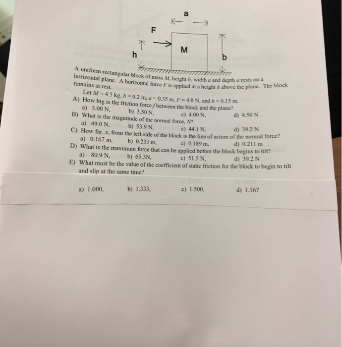 Solved A uniform rectangular block of mass M, height b, | Chegg.com