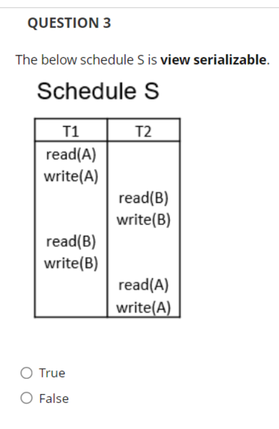 Solved QUESTION 3 The below schedule S is view serializable. | Chegg.com