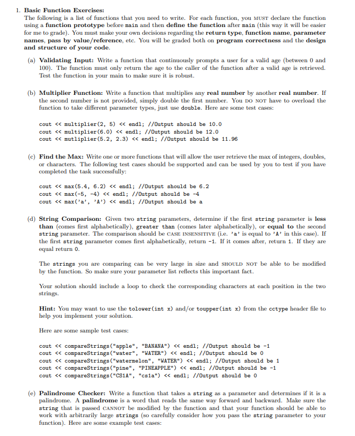 Solved Basic Function Exercises: The following is a list of | Chegg.com
