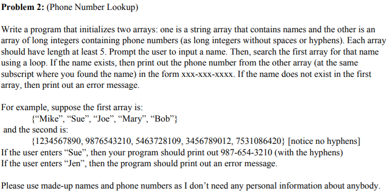 Solved Problem 2 Phone Number Lookup Write A Program That 