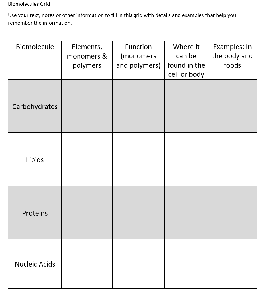 Solved Biomolecules GridUse your text, notes or other | Chegg.com