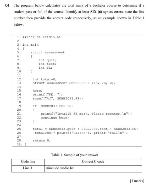Solved Q1. The program below calculates the total mark of a | Chegg.com