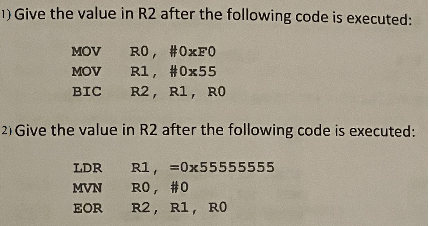 Solved 1) Give the value in R2 after the following code is | Chegg.com