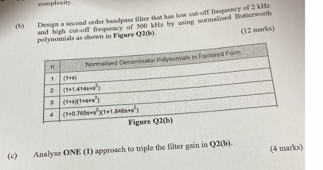 Solved (b) Design a second order bandpass filter that has | Chegg.com