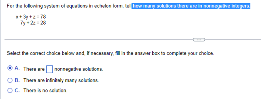 Solved x+3y+z=787y+2z=28 Select the correct choice below | Chegg.com