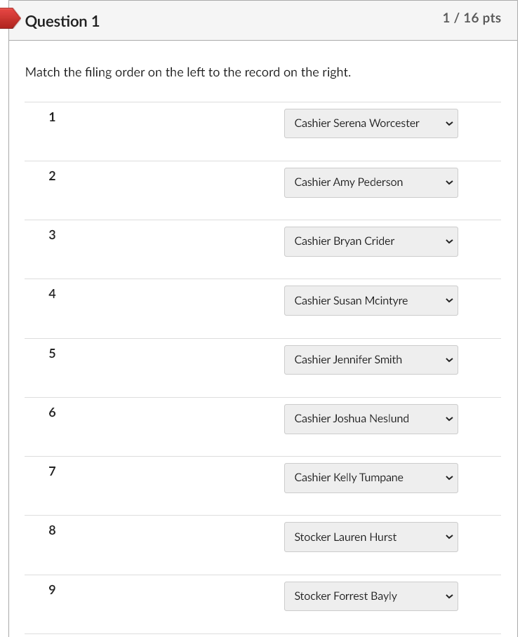 Solved Match the filing order on the left to the record on | Chegg.com