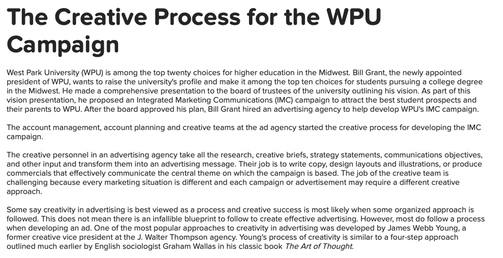 The Creative Process for the WPU Campaign West Park | Chegg.com