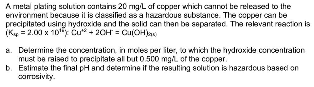 Solved A metal plating solution contains 20 mg/L of copper | Chegg.com