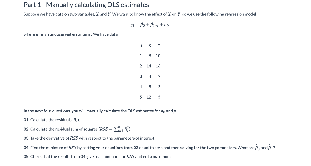 Solved Part 1 - Manually calculating OLS estimates Suppose | Chegg.com