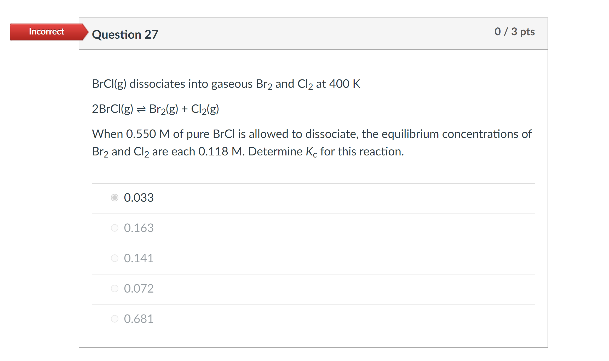 Solved BrCl(g) dissociates into gaseous Br2 and Cl2 at 400 K | Chegg.com