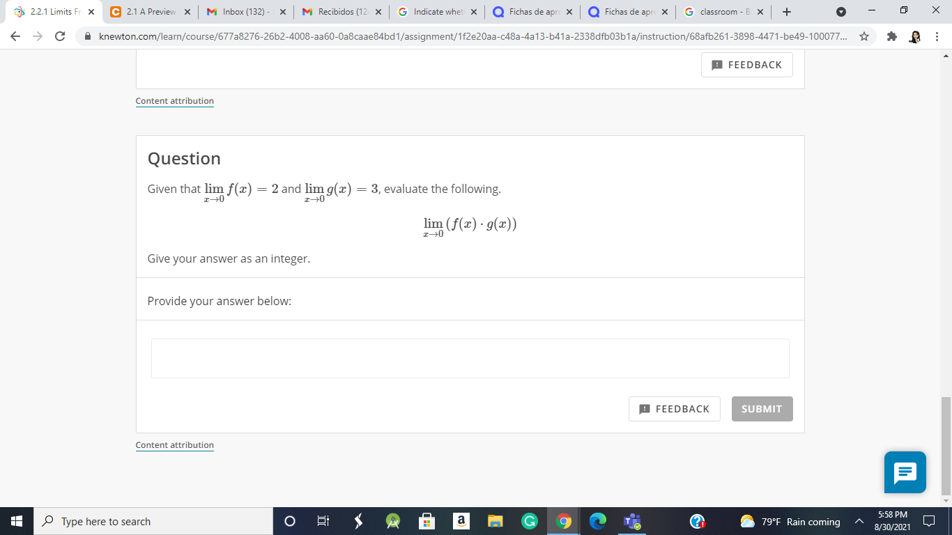 Solved 2.2.1 Limits F1 х C 2.1 A Preview X M Inbox (132) х M | Chegg.com