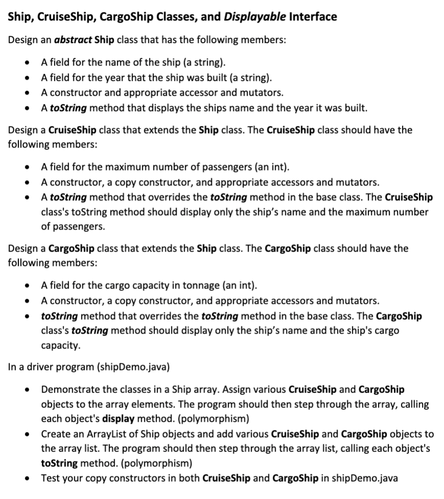 Solved Ship, CruiseShip, CargoShip Classes, and Displayable | Chegg.com