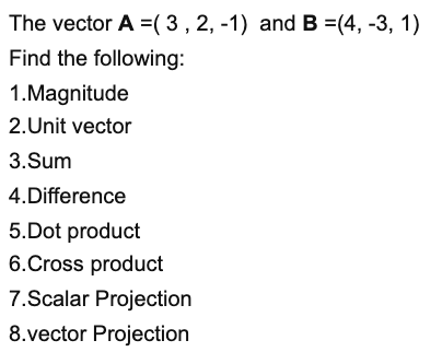 Solved The vector A =(3, 2, -1) and B =(4, -3, 1) Find the | Chegg.com