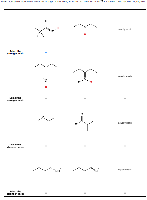 Solved In each raw of the table below, select the stronger | Chegg.com