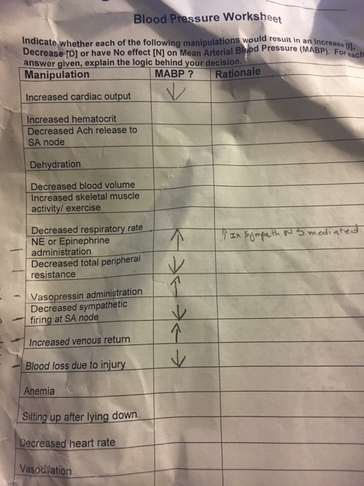 Solved Blood Pressure Worksheet Indicate whether each of the | Chegg.com