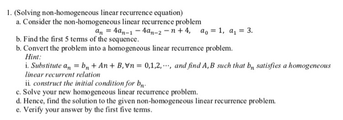Solved 1. (Solving non-homogeneous linear recurrence | Chegg.com