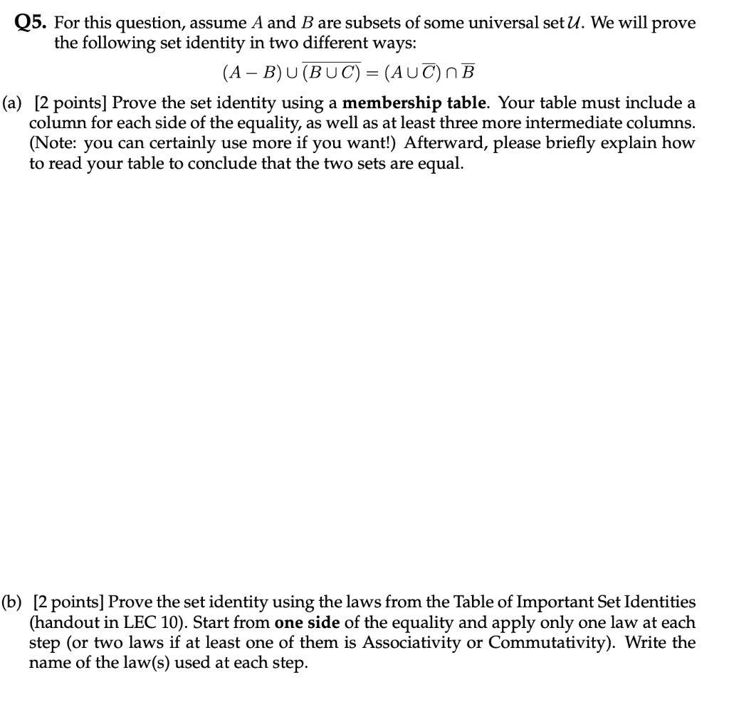 Solved Q5. For this question, assume A and B are subsets of | Chegg.com