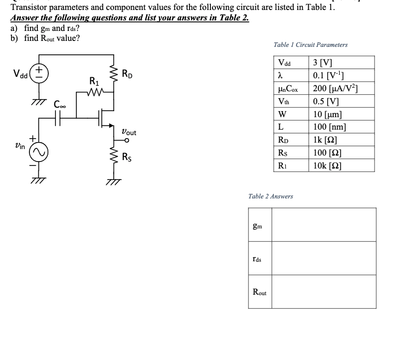 Solved Transistor parameters and component values for the | Chegg.com