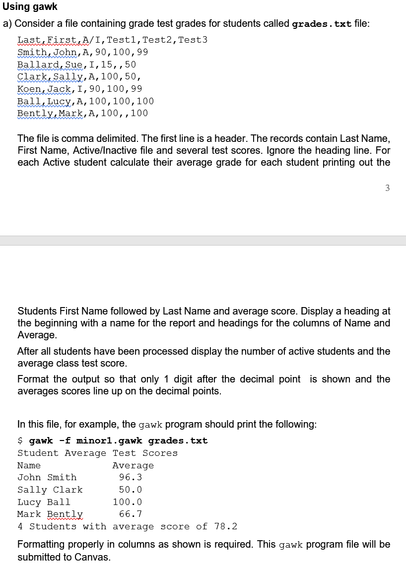 Using gawk a) Consider a file containing grade test | Chegg.com