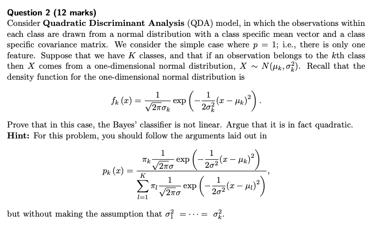 Question 2 (12 marks) Consider Quadratic Discriminant | Chegg.com