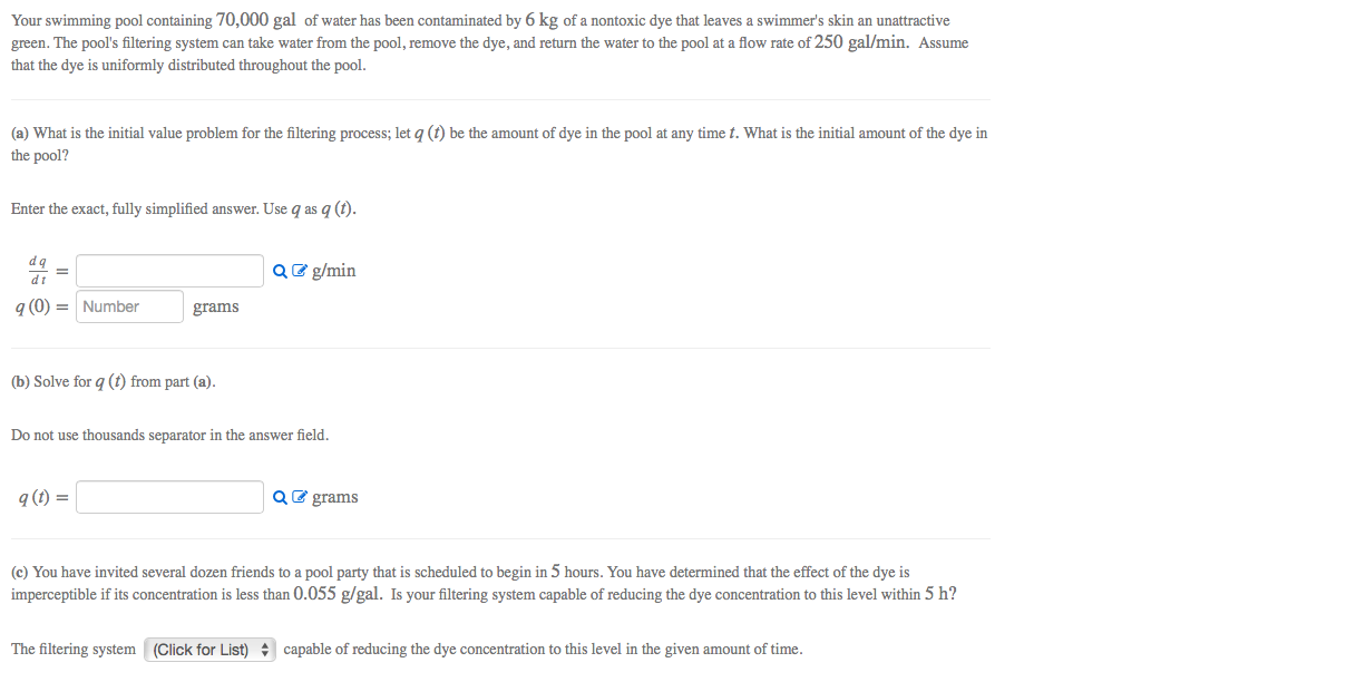 Solved Your swimming pool containing 70,000 gal of water has | Chegg.com