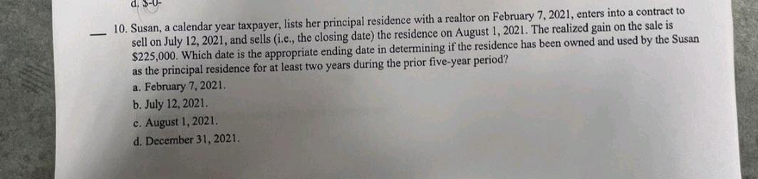 Solved d. S-U- 10. Susan, a calendar year taxpayer, lists | Chegg.com