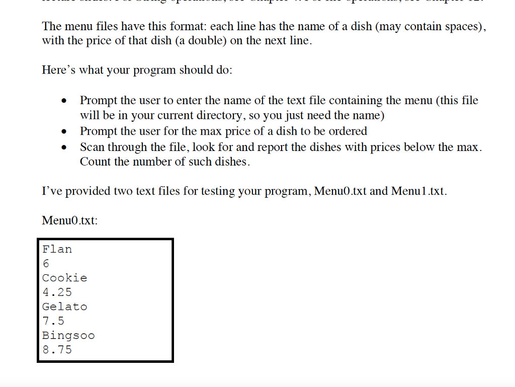 Solved The menu files have this format: each line has the | Chegg.com