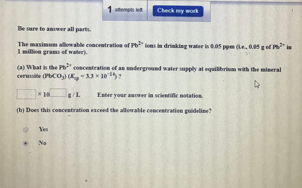 Solved The maximum allowable concentration of Pb2+ ions in | Chegg.com